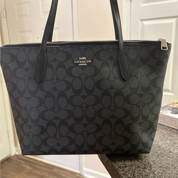 Coach | Bags | Coach Black Monogram Tote With Leather Trim | Poshmark